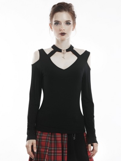 Dark In Love Black Gothic Punk Off The Shoulder Long Sleeves T Shirt For Women