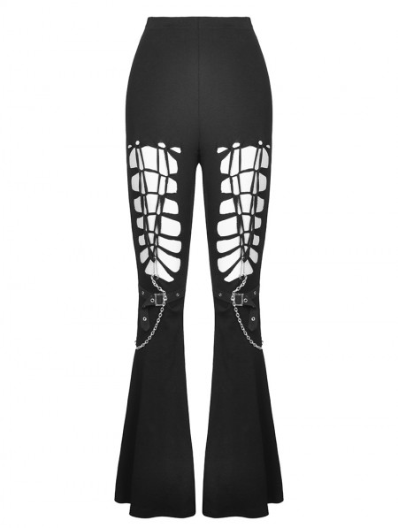 Dark In Love Black Gothic Punk Hollow Out Long Bell Bottom Trousers For
