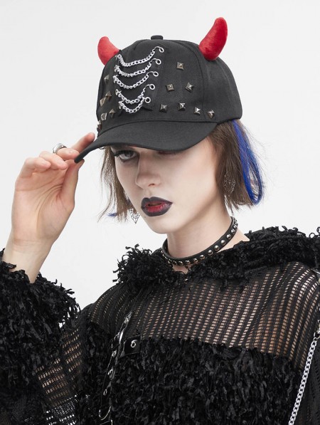 Devil Fashion Black and Red Devil Horns Gothic Punk Studded Peaked Cap ...
