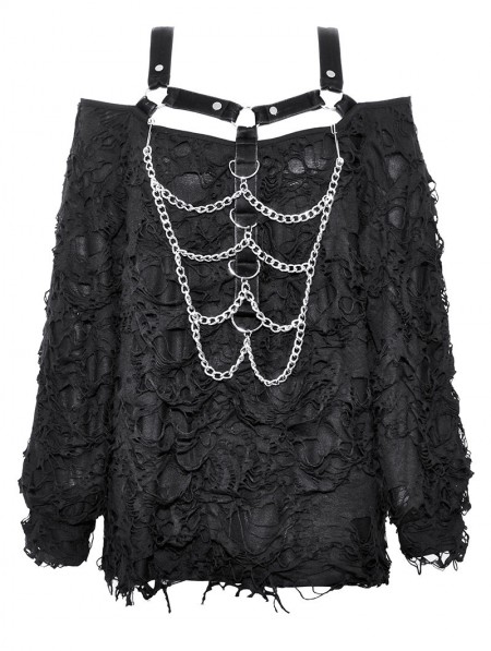 Dark in love Black Gothic Rebel Girl Ribs Shredded Loose Sweater for ...